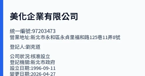 美化企業有限公司的照片-統編 97203473(新北市) 公司登記資料與營業項目詳細圖表