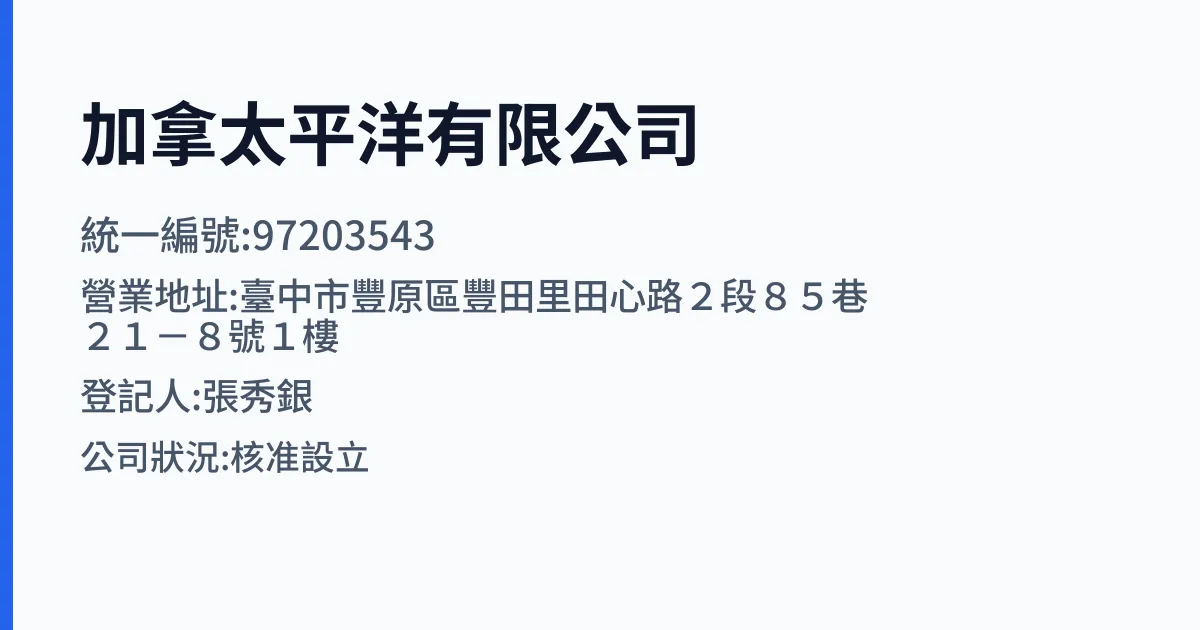 加拿太平洋有限公司 - 統編 97203543(臺中市) 公司登記資料與營業項目詳細圖表