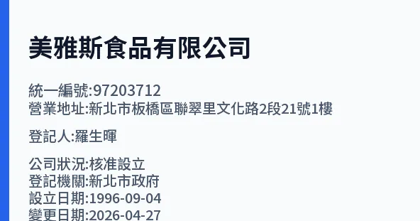 美雅斯食品有限公司的照片-統編 97203712(新北市) 公司登記資料與營業項目詳細圖表