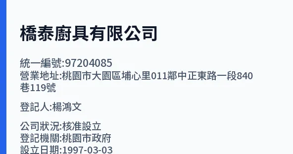 橋泰廚具有限公司的照片-統編 97204085(桃園市) 公司登記資料與營業項目詳細圖表