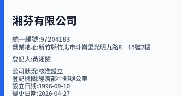 湘芬有限公司的照片-統編 97204183(新竹縣) 公司登記資料與營業項目詳細圖表