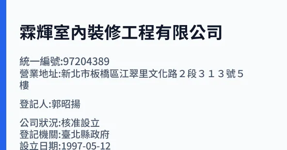 霖輝室內裝修工程有限公司的照片-統編 97204389(新北市) 公司登記資料與營業項目詳細圖表