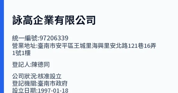 詠高企業有限公司的照片-統編 97206339(臺南市) 公司登記資料與營業項目詳細圖表