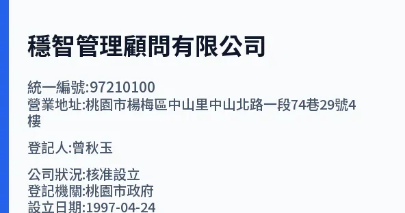 穩智管理顧問有限公司的照片-統編 97210100(桃園市) 公司登記資料與營業項目詳細圖表