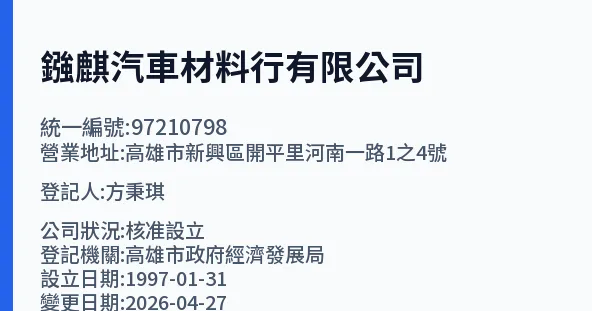 鏹麒汽車材料行有限公司的照片-統編 97210798(高雄市) 公司登記資料與營業項目詳細圖表