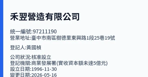 禾翌營造有限公司的照片-統編 97211190(臺中市) 公司登記資料與營業項目詳細圖表