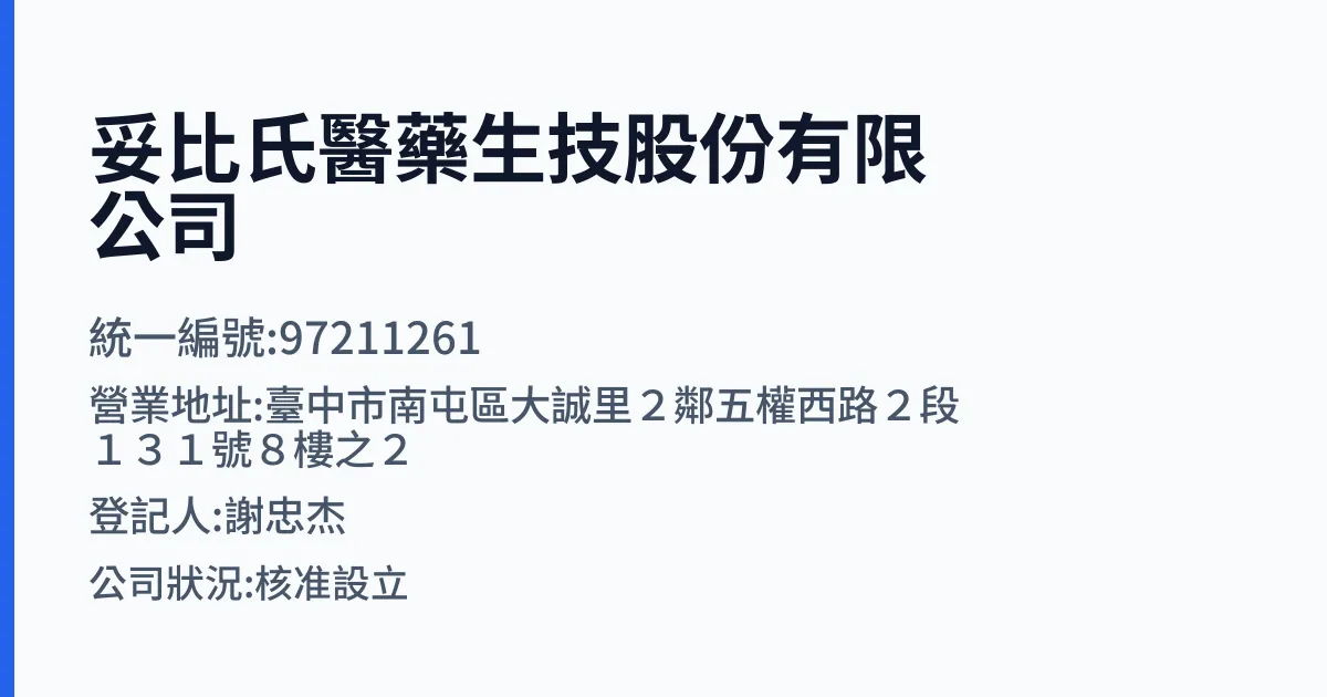妥比氏醫藥生技股份有限公司 - 統編 97211261(臺中市) 公司登記資料與營業項目詳細圖表