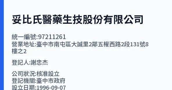 妥比氏醫藥生技股份有限公司的照片-統編 97211261(臺中市) 公司登記資料與營業項目詳細圖表