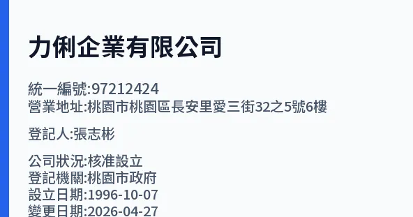 力俐企業有限公司的照片-統編 97212424(桃園市) 公司登記資料與營業項目詳細圖表
