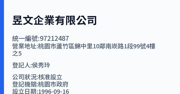 昱文企業有限公司的照片-統編 97212487(桃園市) 公司登記資料與營業項目詳細圖表