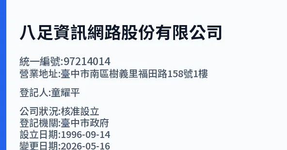 八足資訊網路股份有限公司的照片-統編 97214014(臺中市) 公司登記資料與營業項目詳細圖表