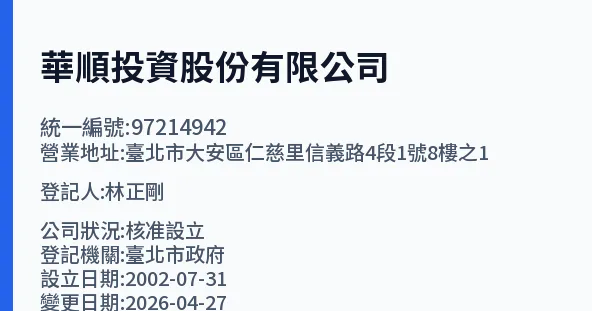 華順投資股份有限公司的照片-統編 97214942(臺北市) 公司登記資料與營業項目詳細圖表