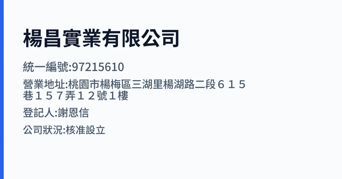 楊昌實業有限公司 - 統編 97215610(桃園市) 公司登記資料與營業項目詳細圖表
