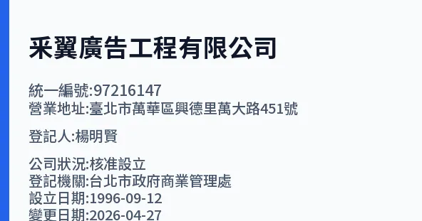 釆翼廣告工程有限公司的照片-統編 97216147(臺北市) 公司登記資料與營業項目詳細圖表