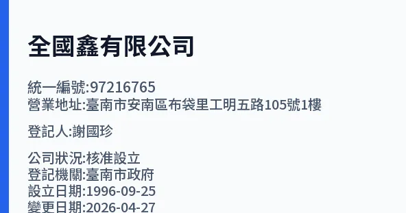 全國鑫有限公司的照片-統編 97216765(臺南市) 公司登記資料與營業項目詳細圖表