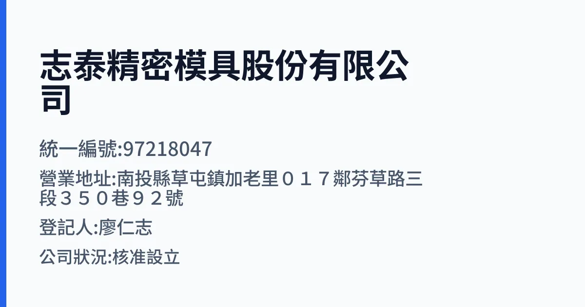 志泰精密模具股份有限公司 - 統編 97218047(南投縣) 公司登記資料與營業項目詳細圖表