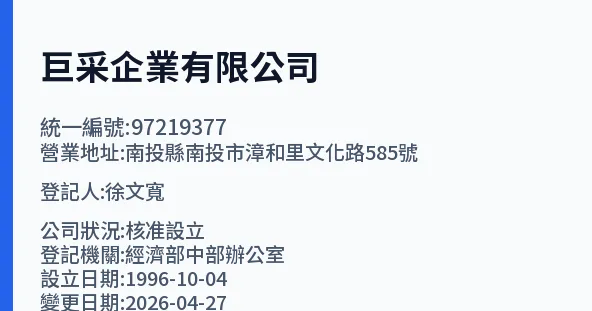 巨采企業有限公司的照片-統編 97219377(南投縣) 公司登記資料與營業項目詳細圖表