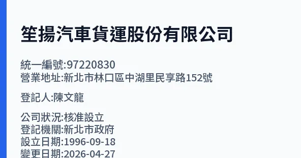 笙揚汽車貨運股份有限公司的照片-統編 97220830(新北市) 公司登記資料與營業項目詳細圖表