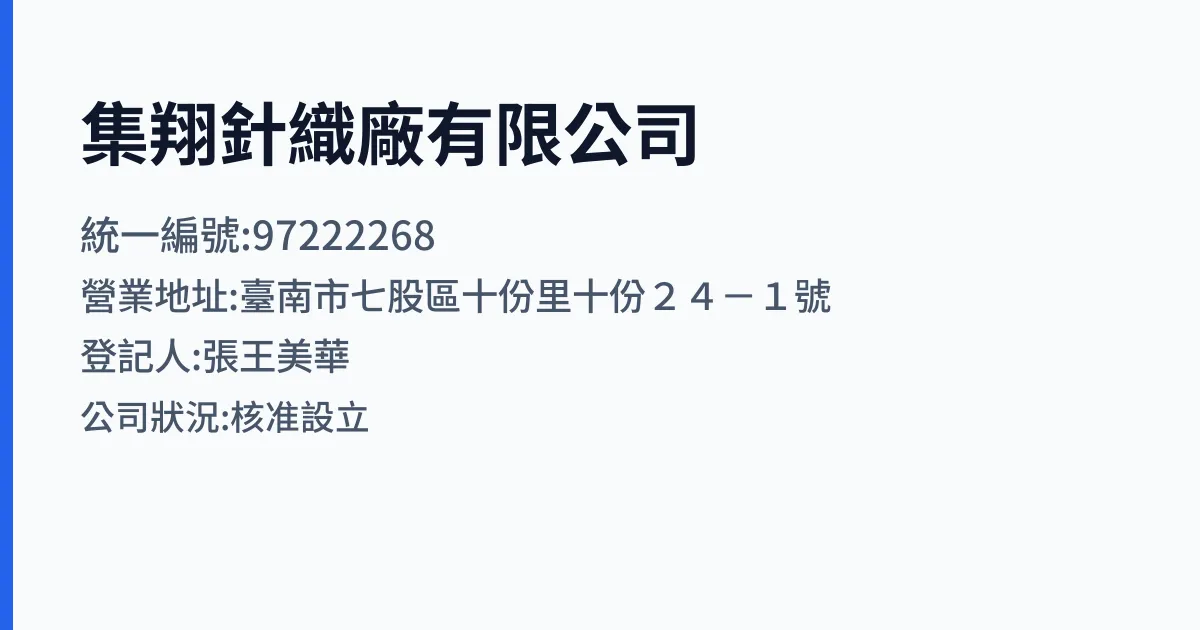 集翔針織廠有限公司 - 統編 97222268(臺南市) 公司登記資料與營業項目詳細圖表