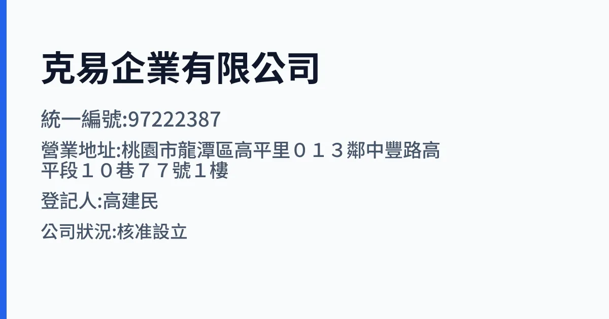 克易企業有限公司 - 統編 97222387(桃園市) 公司登記資料與營業項目詳細圖表