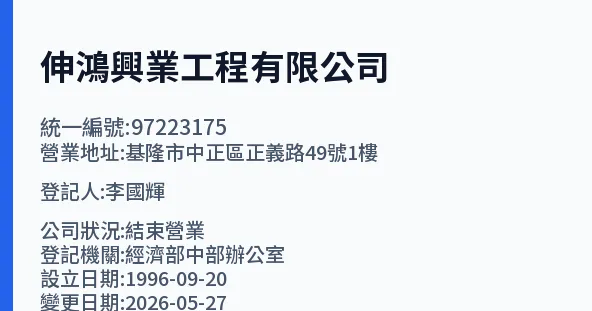 伸鴻興業工程有限公司的照片-統編 97223175(基隆市) 公司登記資料與營業項目詳細圖表