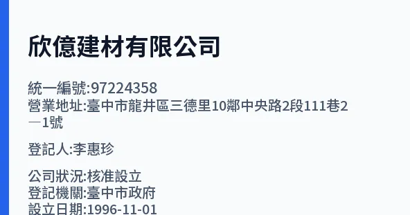 欣億建材有限公司的照片-統編 97224358(臺中市) 公司登記資料與營業項目詳細圖表