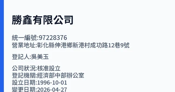 勝鑫有限公司的照片-統編 97228376(彰化縣) 公司登記資料與營業項目詳細圖表