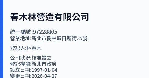 春木林營造有限公司的照片-統編 97228805(新北市) 公司登記資料與營業項目詳細圖表