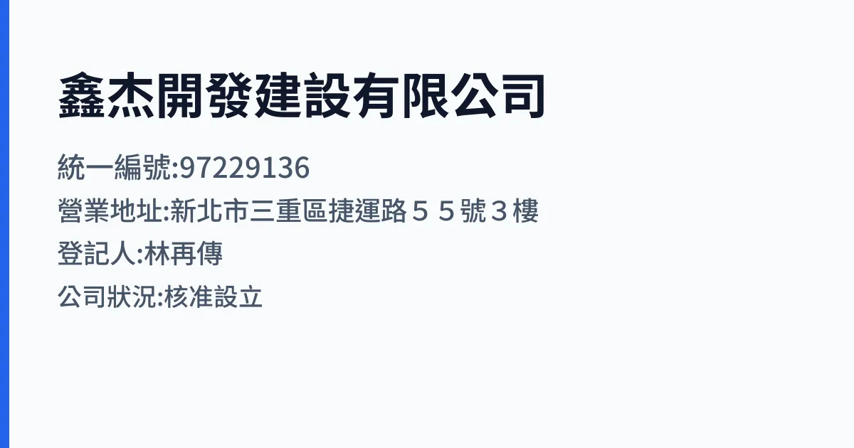 鑫杰開發建設有限公司 - 統編 97229136(新北市) 公司登記資料與營業項目詳細圖表