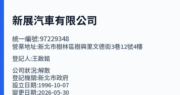 新展汽車有限公司的照片-統編 97229348(新北市) 公司登記資料與營業項目詳細圖表