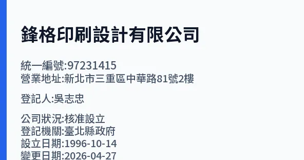 鋒格印刷設計有限公司的照片-統編 97231415(新北市) 公司登記資料與營業項目詳細圖表