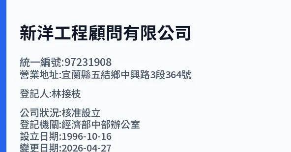 新洋工程顧問有限公司的照片-統編 97231908(宜蘭縣) 公司登記資料與營業項目詳細圖表