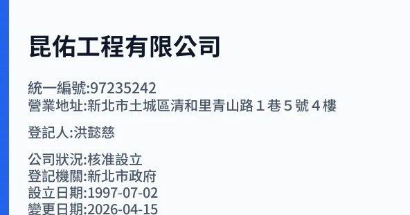 昆佑工程有限公司的照片-統編 97235242(新北市) 公司登記資料與營業項目詳細圖表