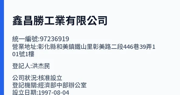 鑫昌勝工業有限公司的照片-統編 97236919(彰化縣) 公司登記資料與營業項目詳細圖表