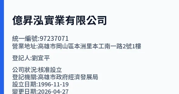 億昇泓實業有限公司的照片-統編 97237071(高雄市) 公司登記資料與營業項目詳細圖表