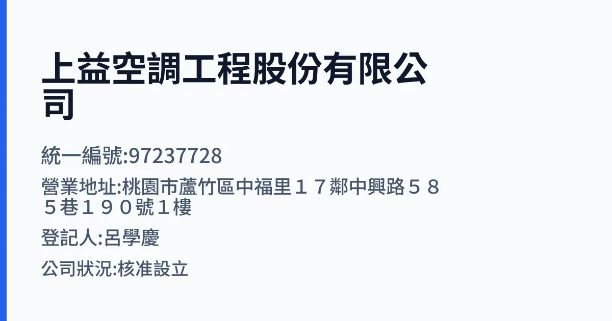 上益空調工程股份有限公司 - 統編 97237728(桃園市) 公司登記資料與營業項目詳細圖表