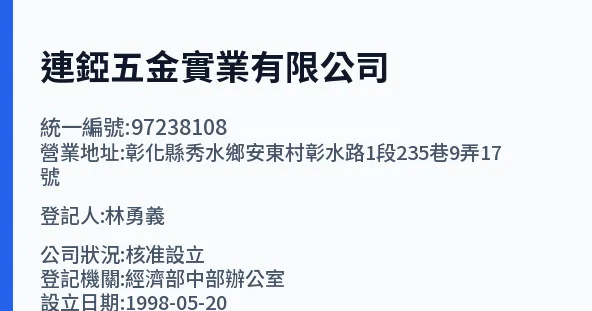 連錏五金實業有限公司的照片-統編 97238108(彰化縣) 公司登記資料與營業項目詳細圖表