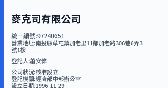 麥克司有限公司的照片-統編 97240651(南投縣) 公司登記資料與營業項目詳細圖表