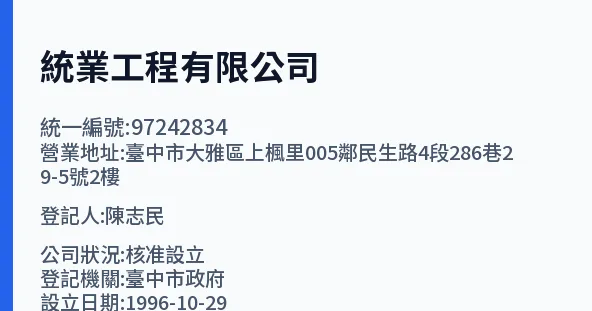 統業工程有限公司的照片-統編 97242834(臺中市) 公司登記資料與營業項目詳細圖表