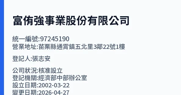 富侑強事業股份有限公司的照片-統編 97245190(苗栗縣) 公司登記資料與營業項目詳細圖表