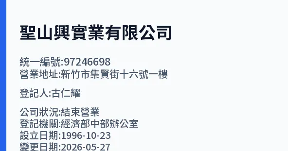 聖山興實業有限公司的照片-統編 97246698(新竹縣) 公司登記資料與營業項目詳細圖表