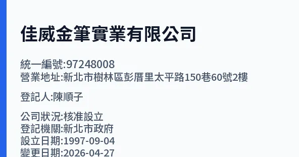 佳威金筆實業有限公司的照片-統編 97248008(新北市) 公司登記資料與營業項目詳細圖表