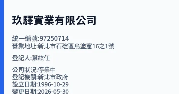 玖驛實業有限公司的照片-統編 97250714(新北市) 公司登記資料與營業項目詳細圖表