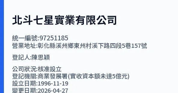 北斗七星實業有限公司的照片-統編 97251185(彰化縣) 公司登記資料與營業項目詳細圖表