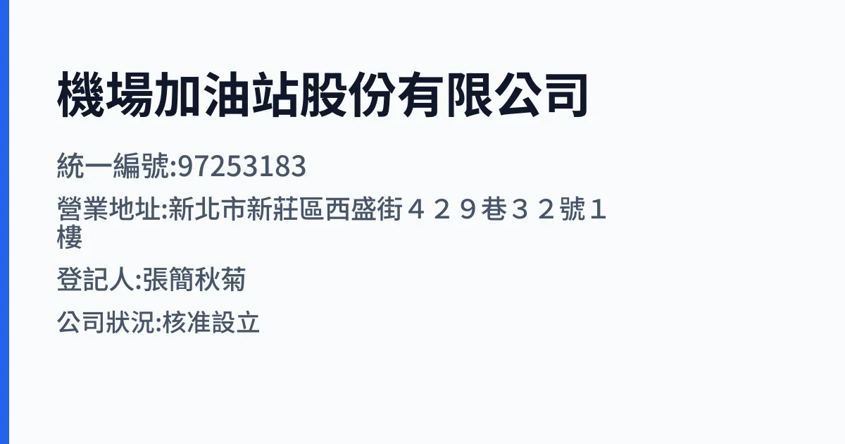 機場加油站股份有限公司 - 統編 97253183(新北市) 公司登記資料與營業項目詳細圖表