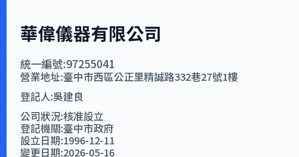 華偉儀器有限公司的照片-統編 97255041(臺中市) 公司登記資料與營業項目詳細圖表