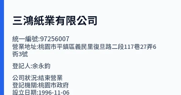 三鴻紙業有限公司的照片-統編 97256007(桃園市) 公司登記資料與營業項目詳細圖表