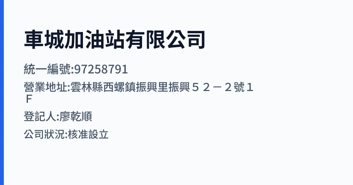 車城加油站有限公司 - 統編 97258791(雲林縣) 公司登記資料與營業項目詳細圖表