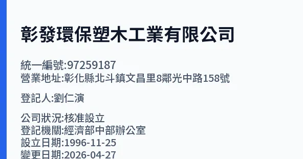 彰發環保塑木工業有限公司的照片-統編 97259187(彰化縣) 公司登記資料與營業項目詳細圖表