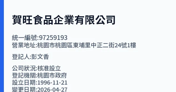 賀旺食品企業有限公司的照片-統編 97259193(桃園市) 公司登記資料與營業項目詳細圖表